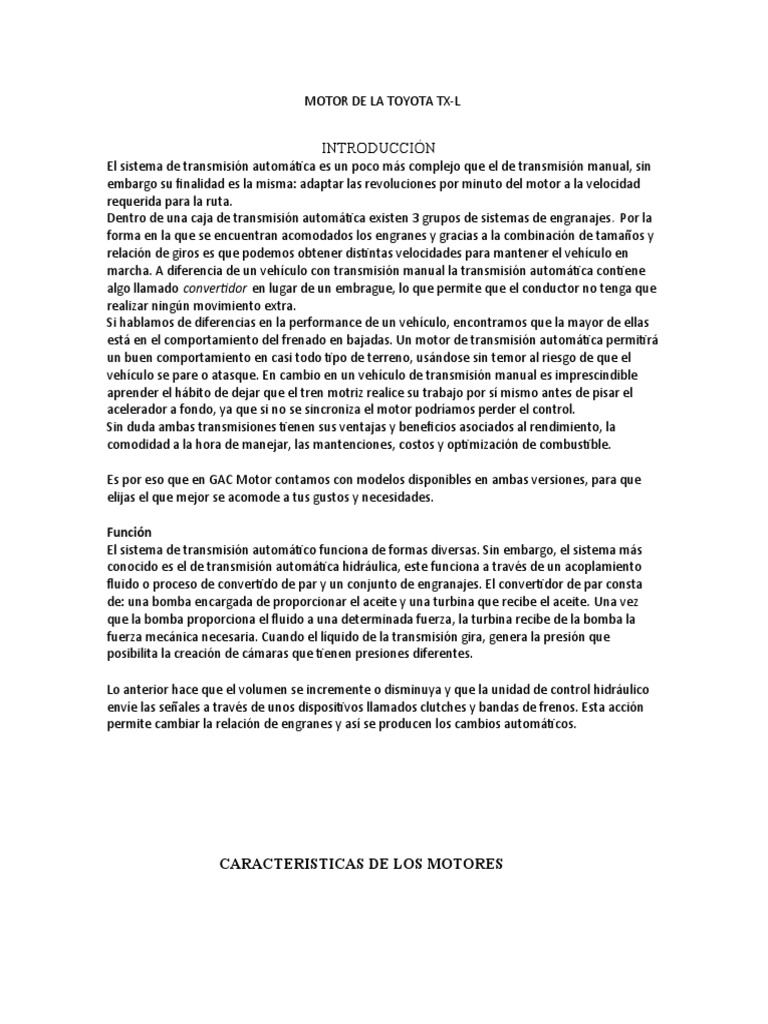 MOTOR DE LA TOYOTA TXL 1s | PDF | Transmisión automática | Transmisión ...