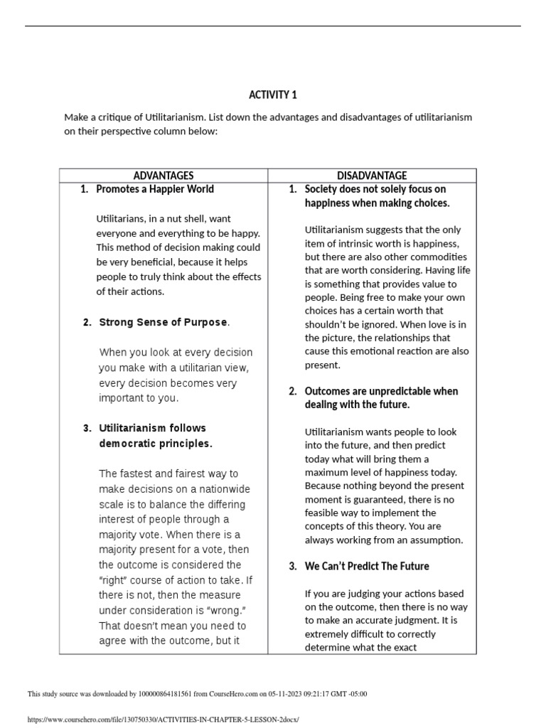 Activities in Chapter 5 Lesson 2 | PDF | Utilitarianism | Happiness