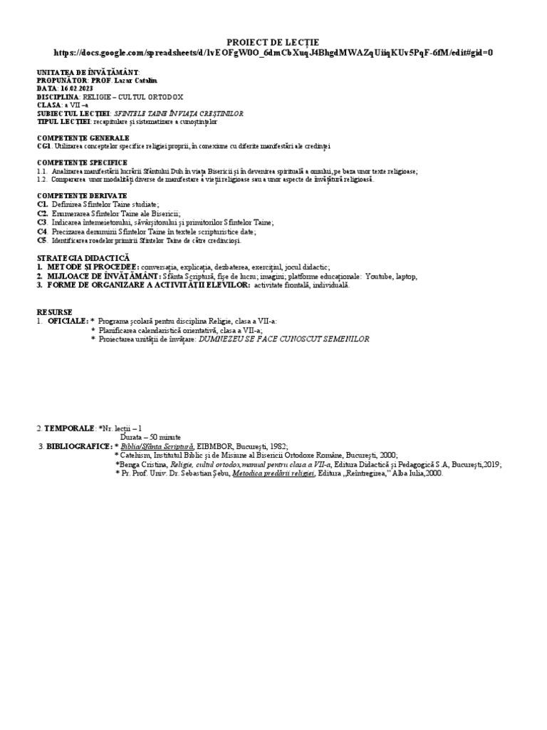 Proiect de Lectie Clasa A VII Sfintele Taine in Viata Crestinilor | PDF