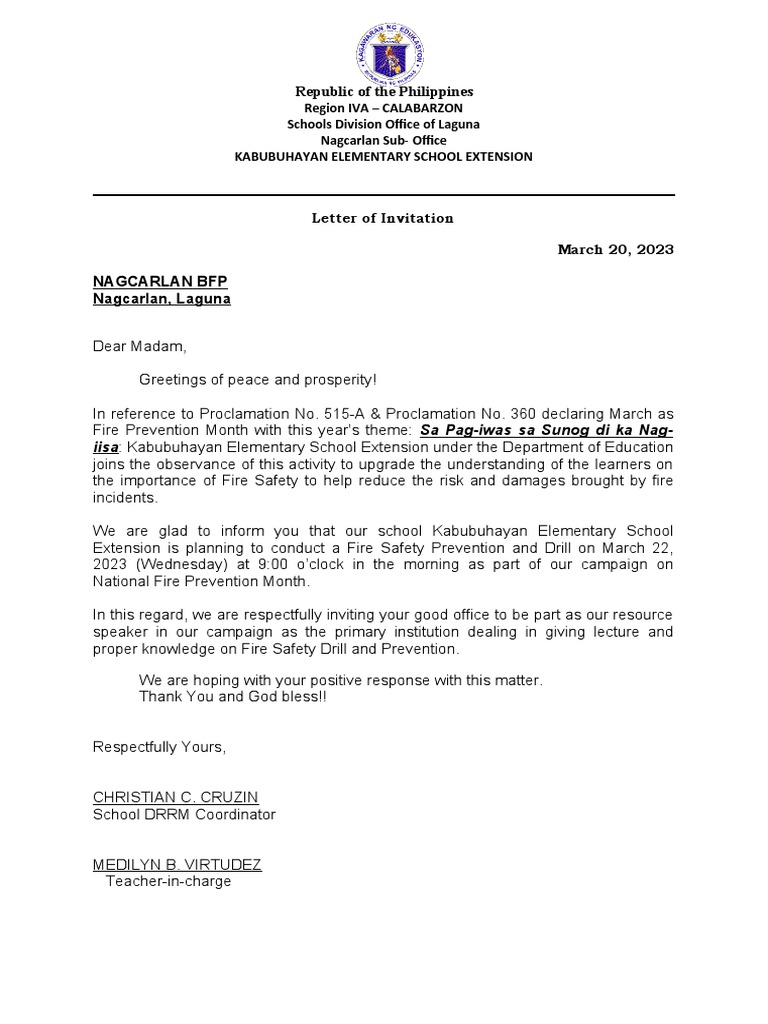 KES - EXT Fire Prevention Letter of Invitation To BFP Nagcarlan | PDF