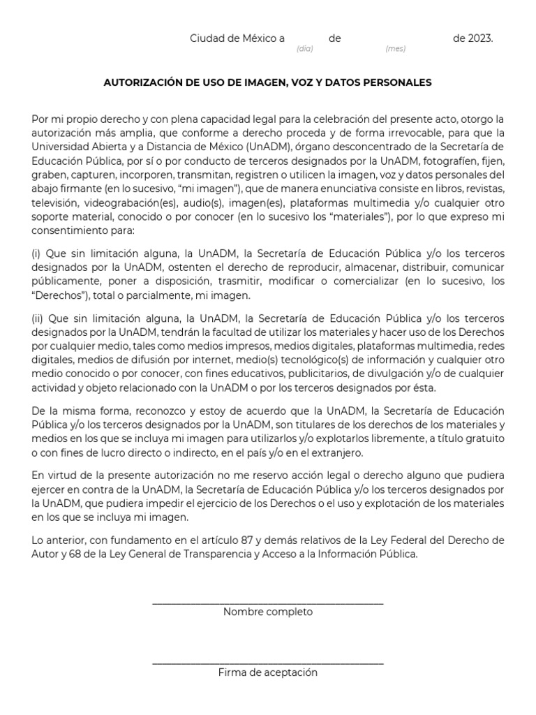 Autorización de Uso de Imagen y Datos UNADM | PDF | México