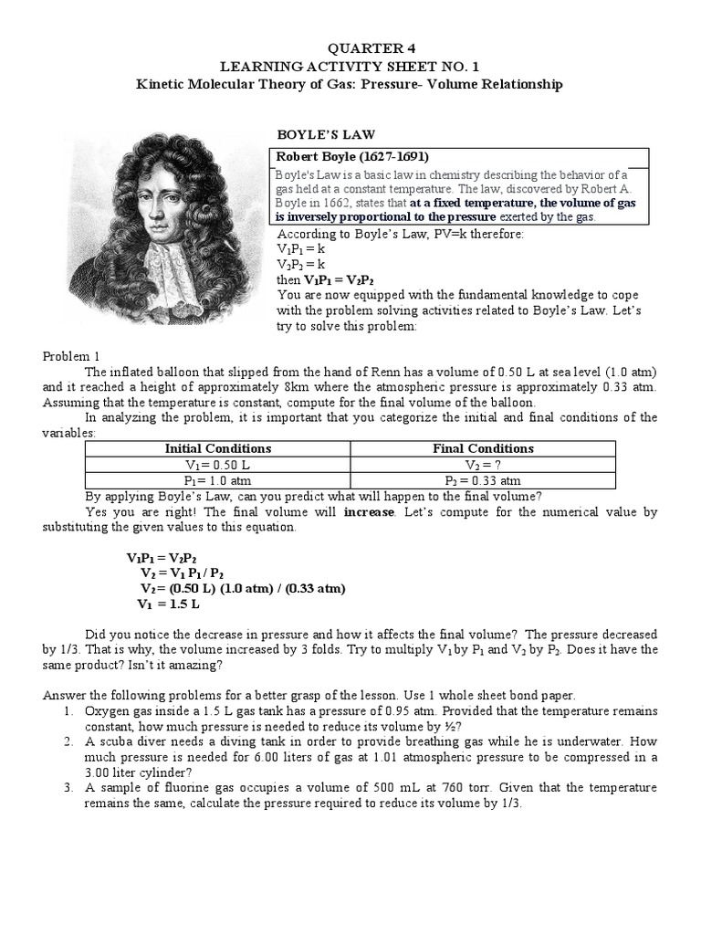 Learning Activity Sheet No. 1 Boyles Law | PDF | Gases | Atmospheric Pressure