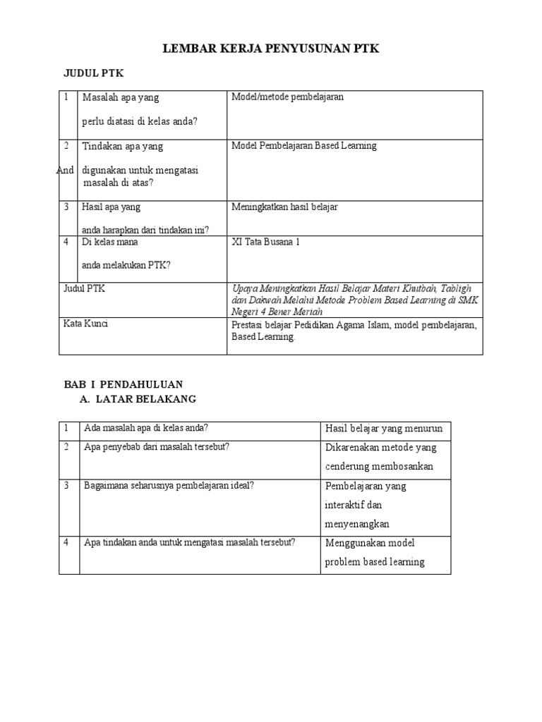 Lembar Kerja Penyusunan PTK | PDF