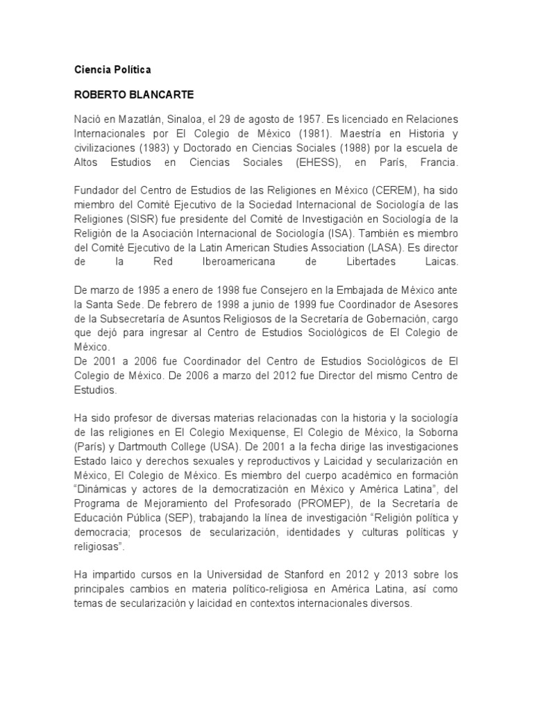 Biografía. Roberto Blancarte. Yahel | PDF | México | Sociología