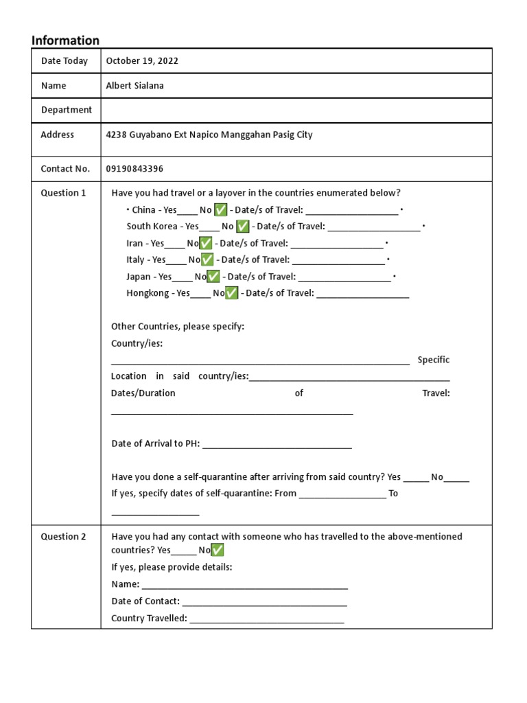 Health And Travel Declaration Form Pdf Diseases And Disorders