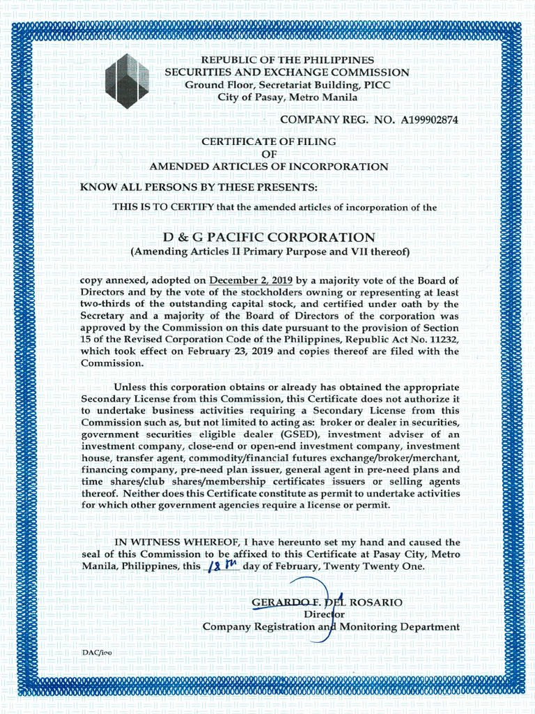 Sec - Cerificate of Amendment | PDF