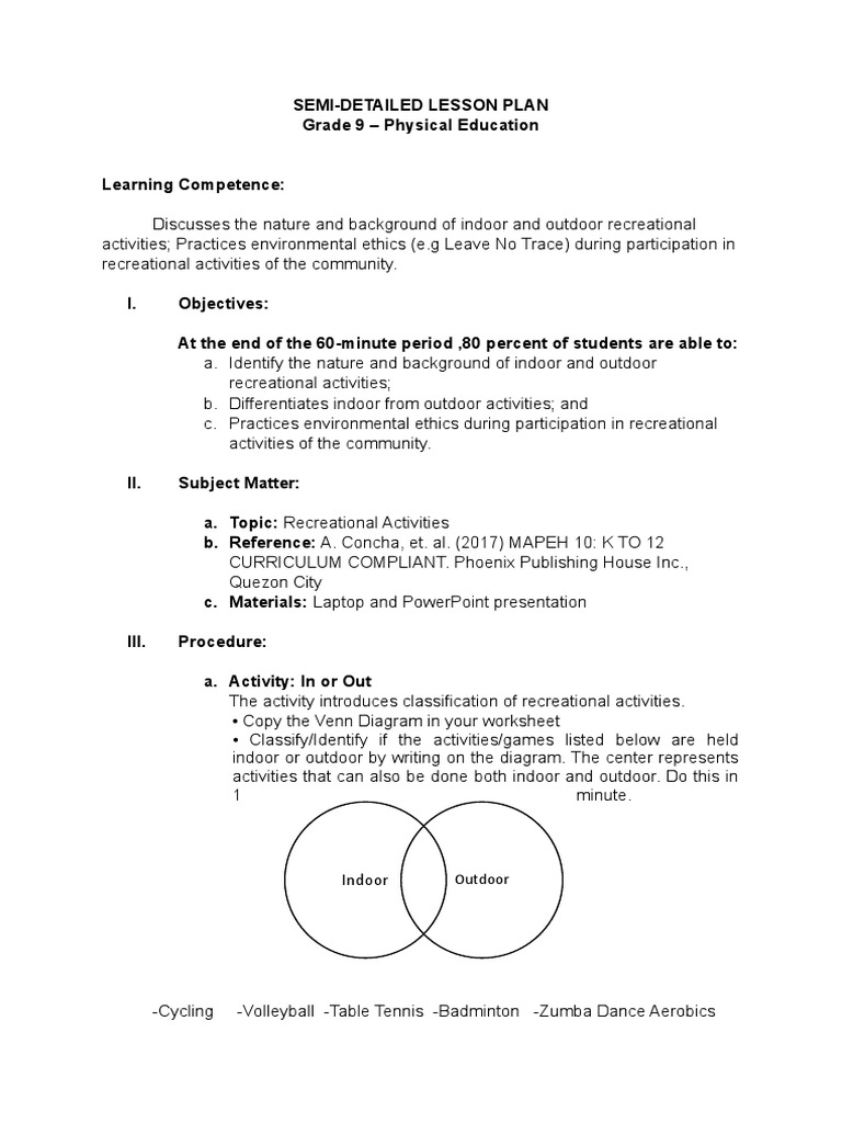 LP100 Lesson Plan | PDF | Recreation | Outdoor Recreation