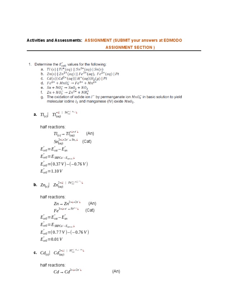Assignment Lesson 7 UNIT 02 Standard Cell Potential | PDF | Redox | Electricity