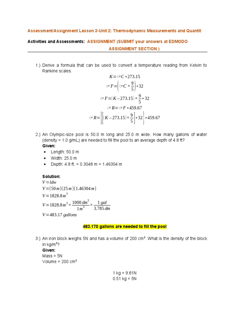 Assessment Lesson 3 Unit 2 Thermodynamic Measurements and Quantities ...
