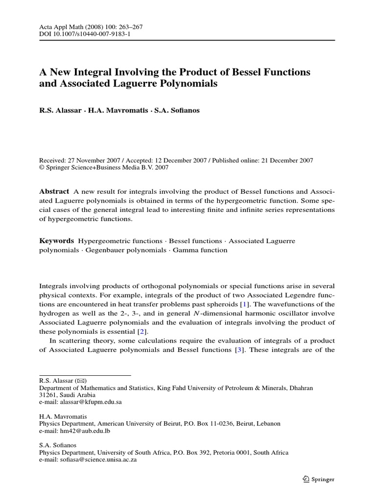 A New Integral Involving The Product of Bessel Functions and Associated Laguerre Polynomials ...