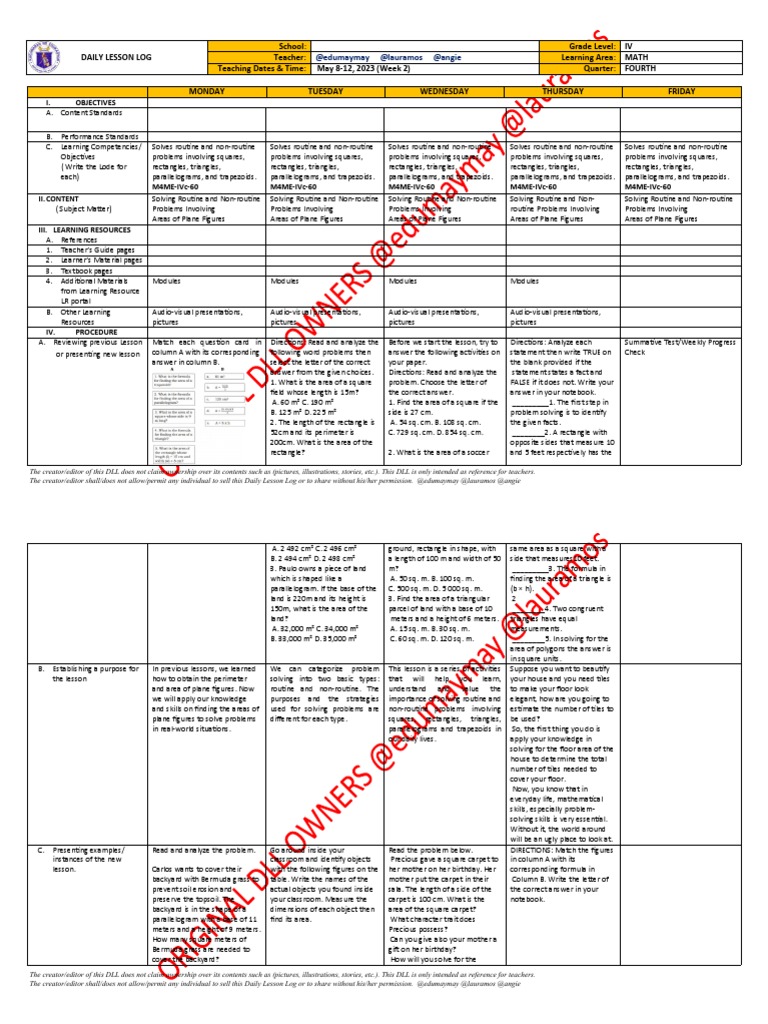 DLL - MATH 4 - Q4 - W2 - Solving Routine and Non-Routine Problems Involving Reas of Plane ...