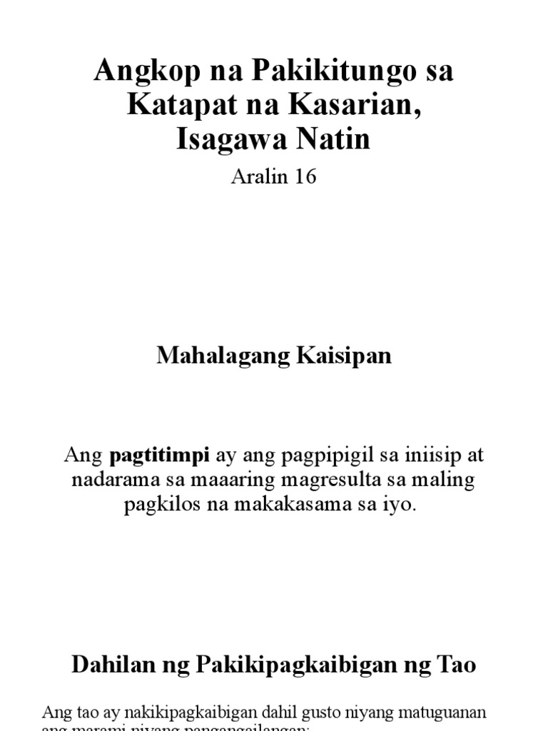 Aralin 16 Angkop Na Pakikitungo Sa Katapat Na Kasarian Isagawa Natin | PDF