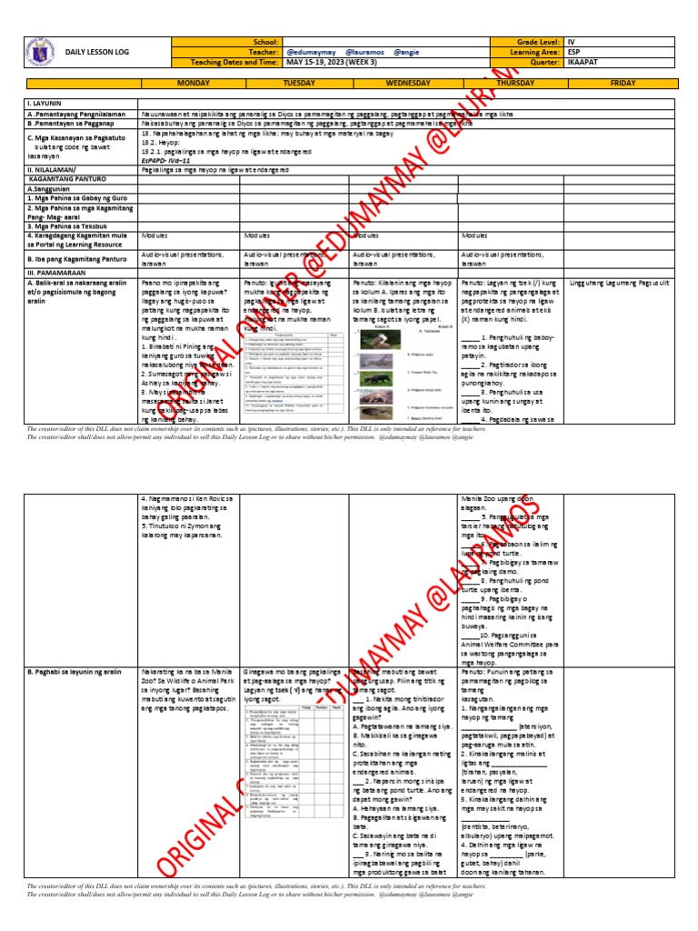 DLL - ESP 4 - Q4 - W3 - Pagkalinga Sa Mga Hayop Na Ligaw at Endangered @edumaymay@lauramos | PDF