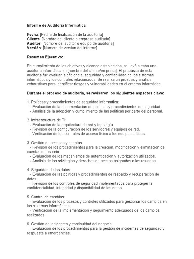 Informe de Auditoría Informática | Descargar gratis PDF | La seguridad informática | Seguridad