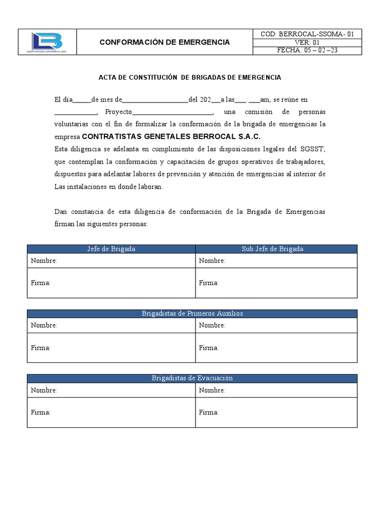 Acta de Conformacion de La Brigada de Emergencia | PDF