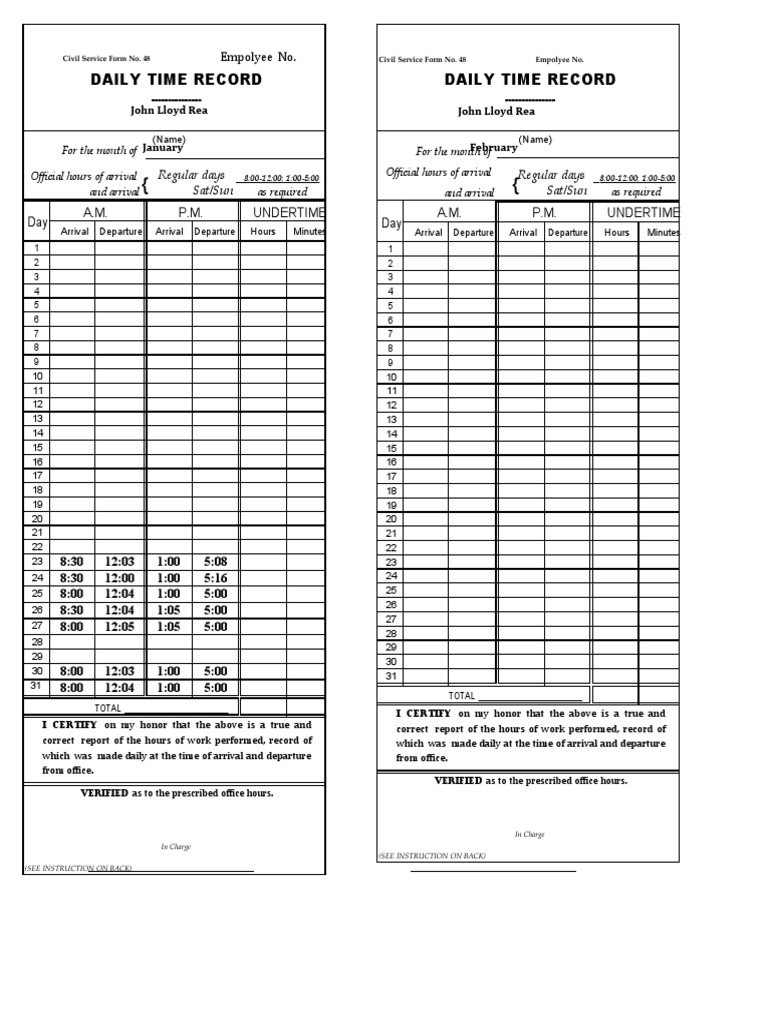 Civil Service Form 48 DTR Blank Formxlsx | PDF