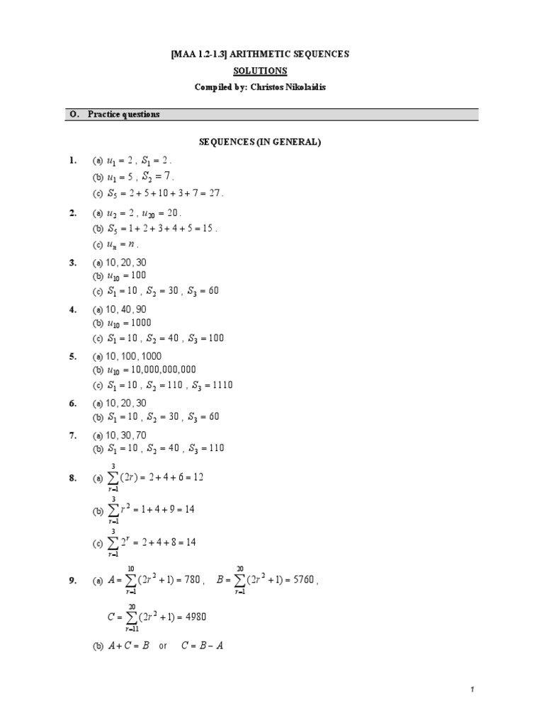 (MAA 1.2-1.3) ARITHMETIC SEQUENCES - Solutions | PDF | Arithmetic ...