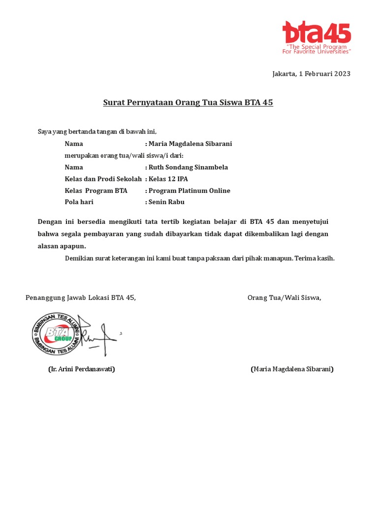 Surat Pernyataan Orang Tua Siswa BTA 45 | PDF