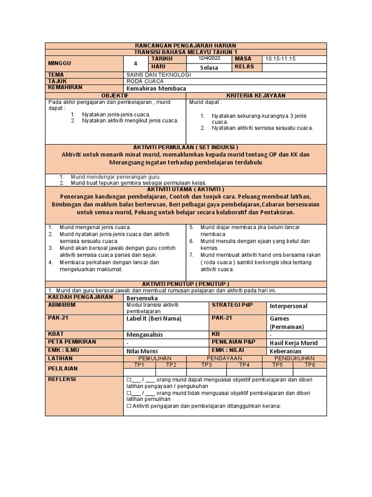 RANCANGAN PENGAJARAH HARIAN Roda Cuaca | PDF