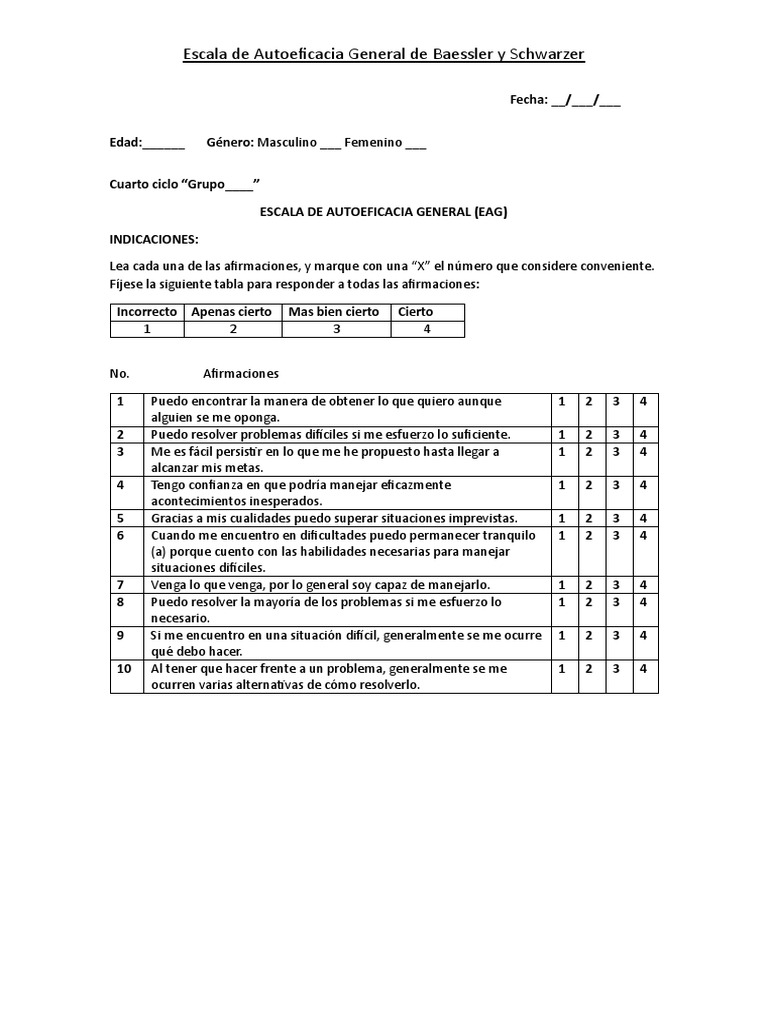 Escala de Autoeficacia General (EAG) 1 | PDF