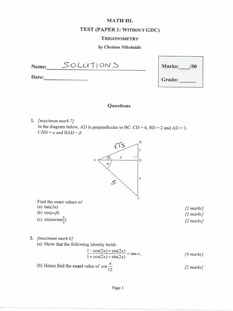 Test 3 Trigonometry P1 P2 Solutions Pdf