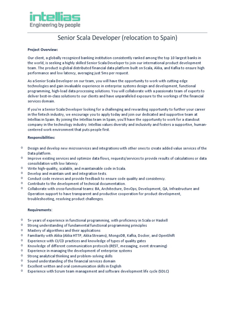 Senior Scala Developer (Relocation To Spain) | PDF | Scala (Programming Language) | Computer ...