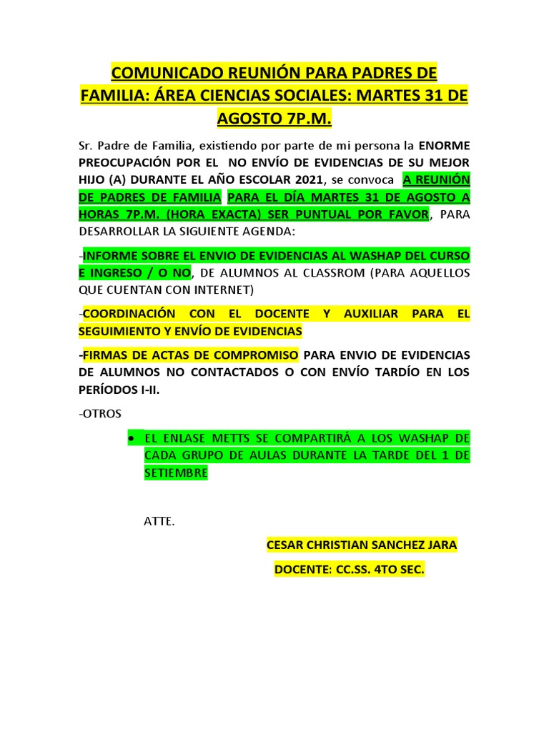 Reunión de padres de familia para coordinar el envío de evidencias ...