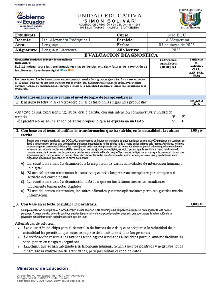 EvaluaciÓn DiagnÓstica 2023 2024 3ero Bgu Pdf 7241