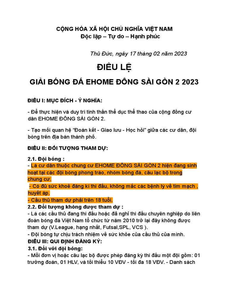 Điều Lệ Giải Bóng Đá Ehome Đông Sài Gòn 2 2023 - Google Tài Liệu-6 | PDF