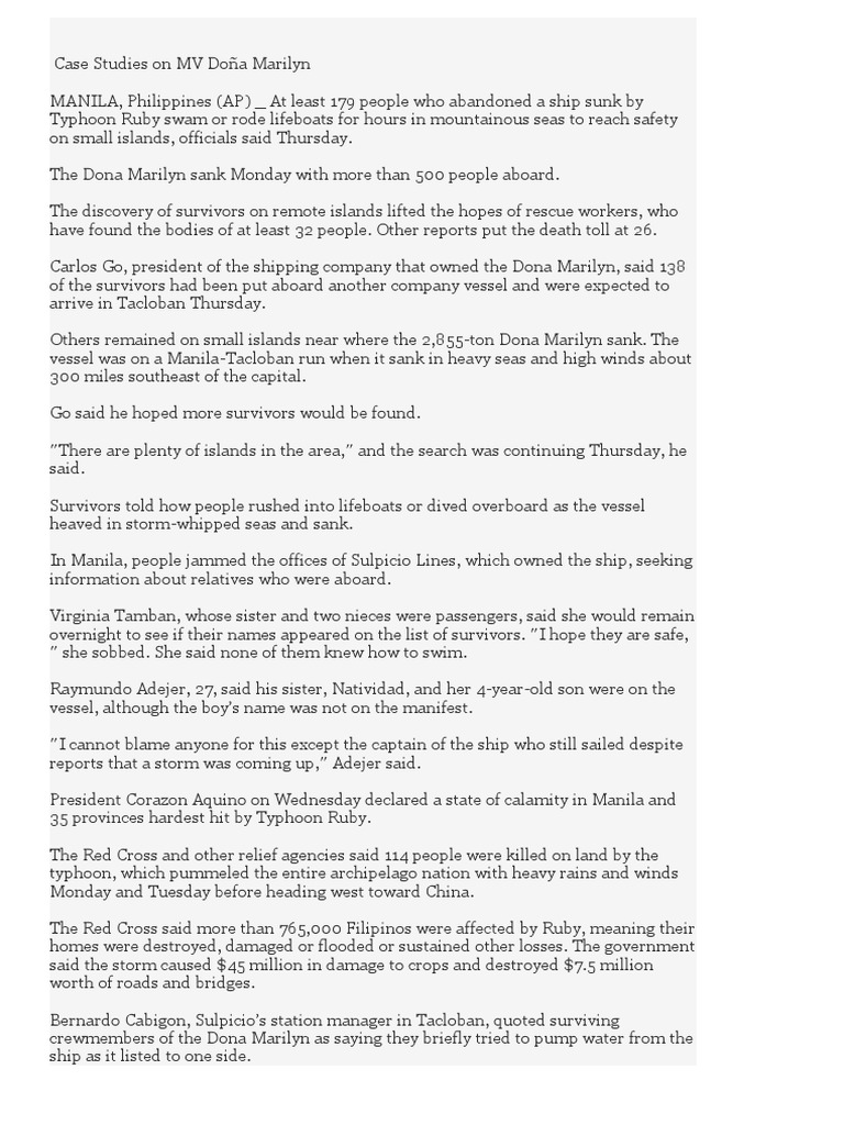 Case Studies On MV Doña Marilyn | PDF | Natural Hazards | Tropical Cyclone Seasons