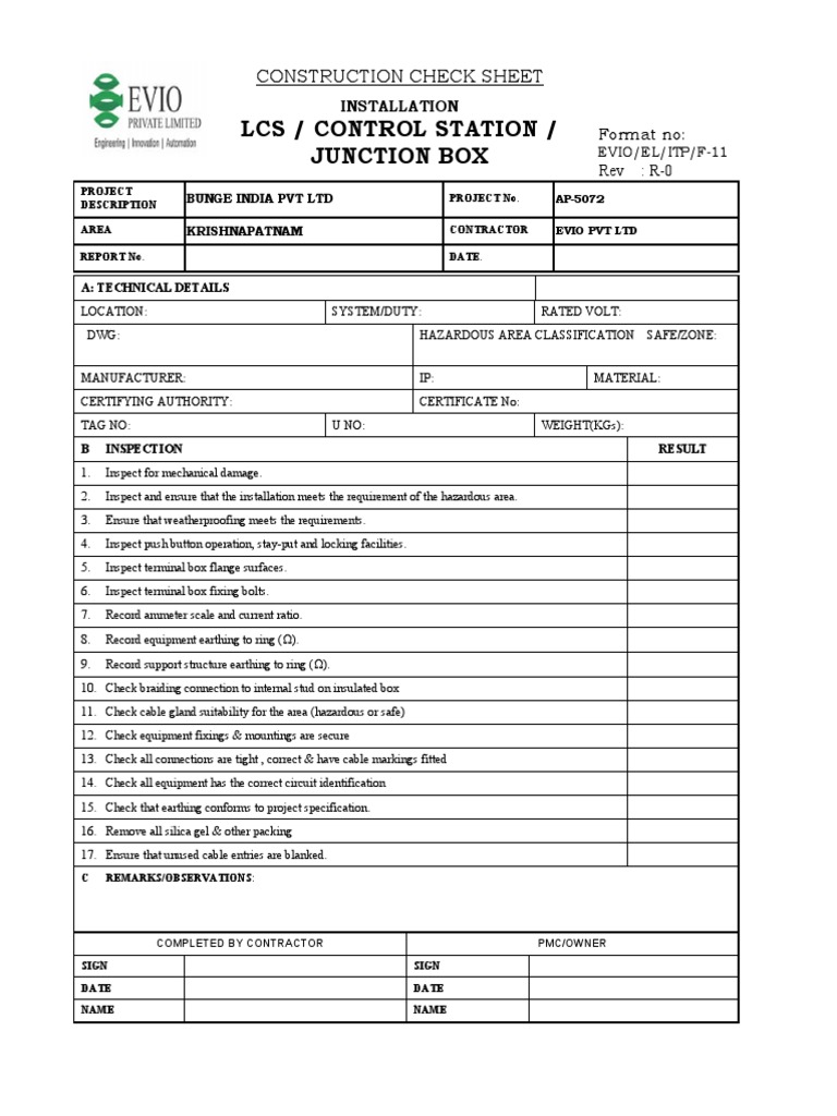 EVIOELITPF-11 Junction Box, LCS Control Jb Checklist | PDF ...