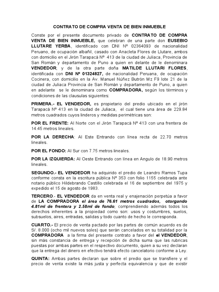 Contrato De Compra Venta De Bien Inmueble Pdf