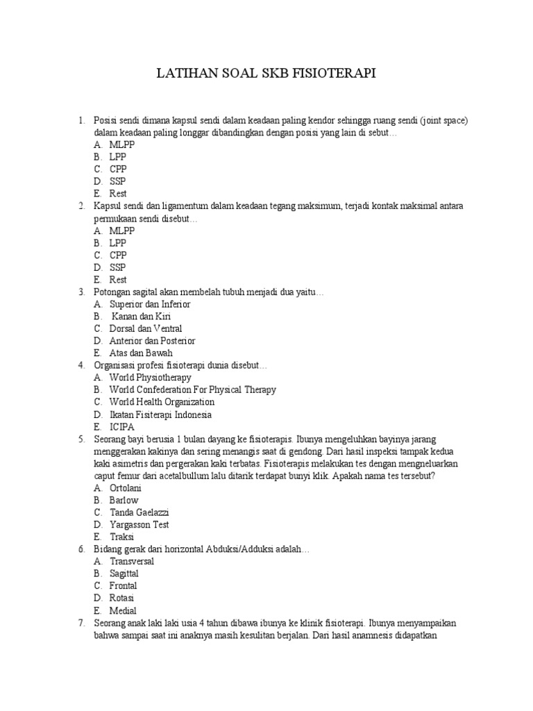 Latihan Soal SKB Fisioterapi 1 | PDF