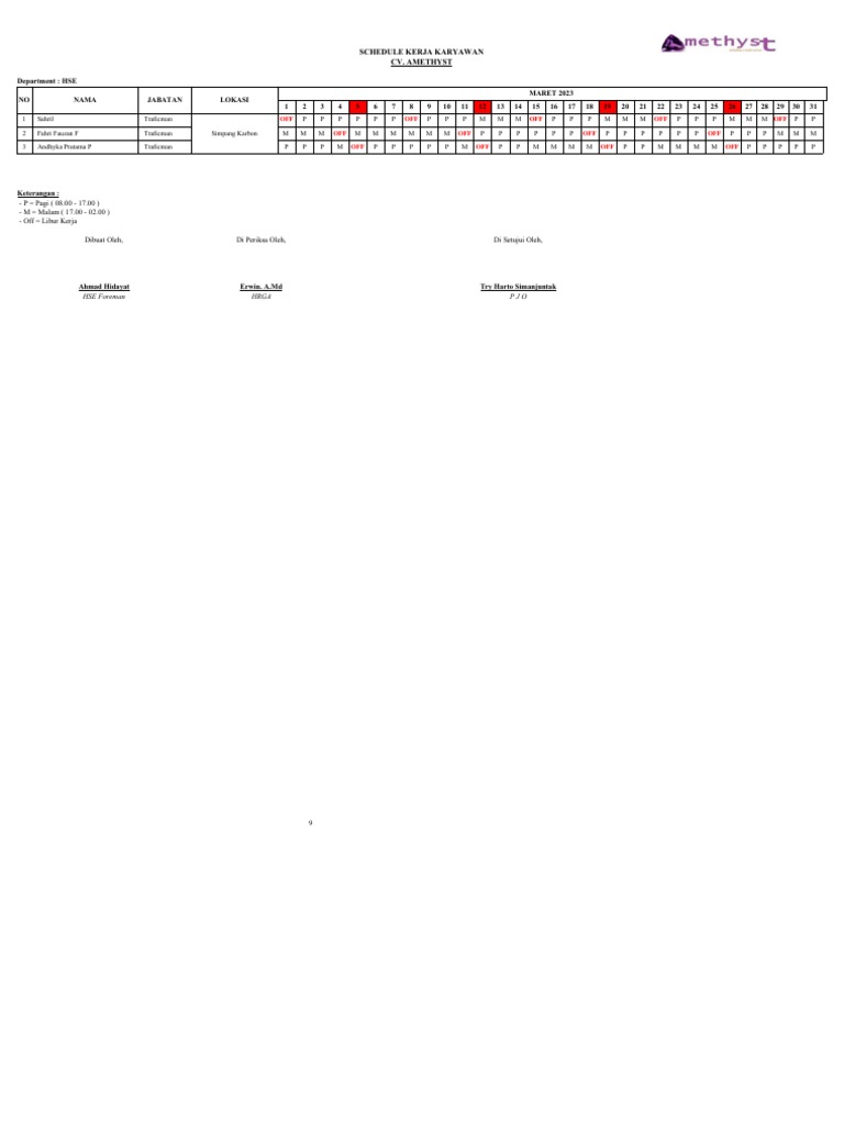 Schedule Kerja Hse Maret 2023 | PDF