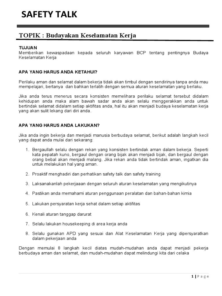 Materi Safety Talk | PDF