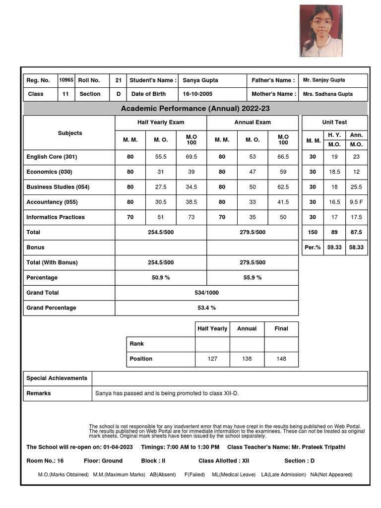 Sanya Gupta's academic performance report | PDF