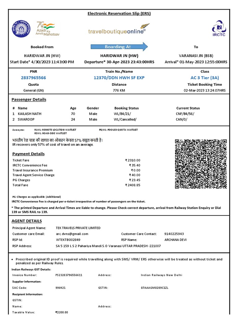 12370/Ddn HWH SF Exp AC 3 Tier (3A) : Electronic Reservation Slip (ERS ...