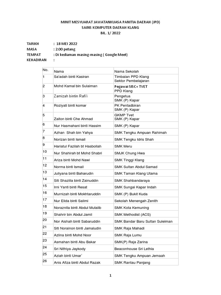 Minit Mesyuarat JPD SK Bil 1 2022 | PDF