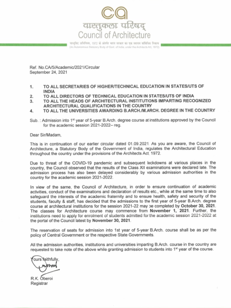 COA Circular on Admission to B Arch course | PDF