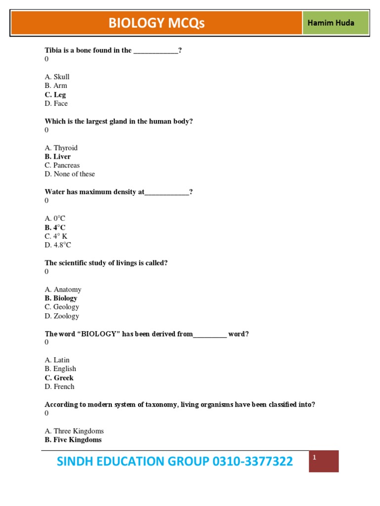 Biology MCQs for Sindh Education Group | PDF | Wellness | Science ...