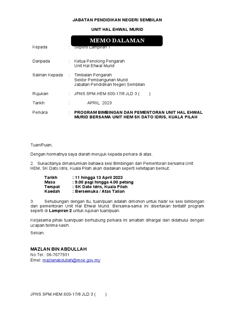 Program Bimbingan Dan Pementoran Unit Hal Ehwal Murid Bersama Unit Hem ...