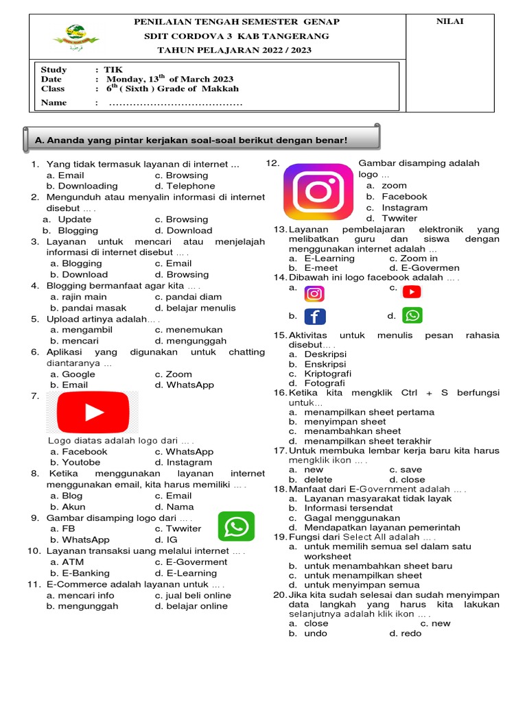 Soal TIK PTS Genap SD Kelas 6 | PDF