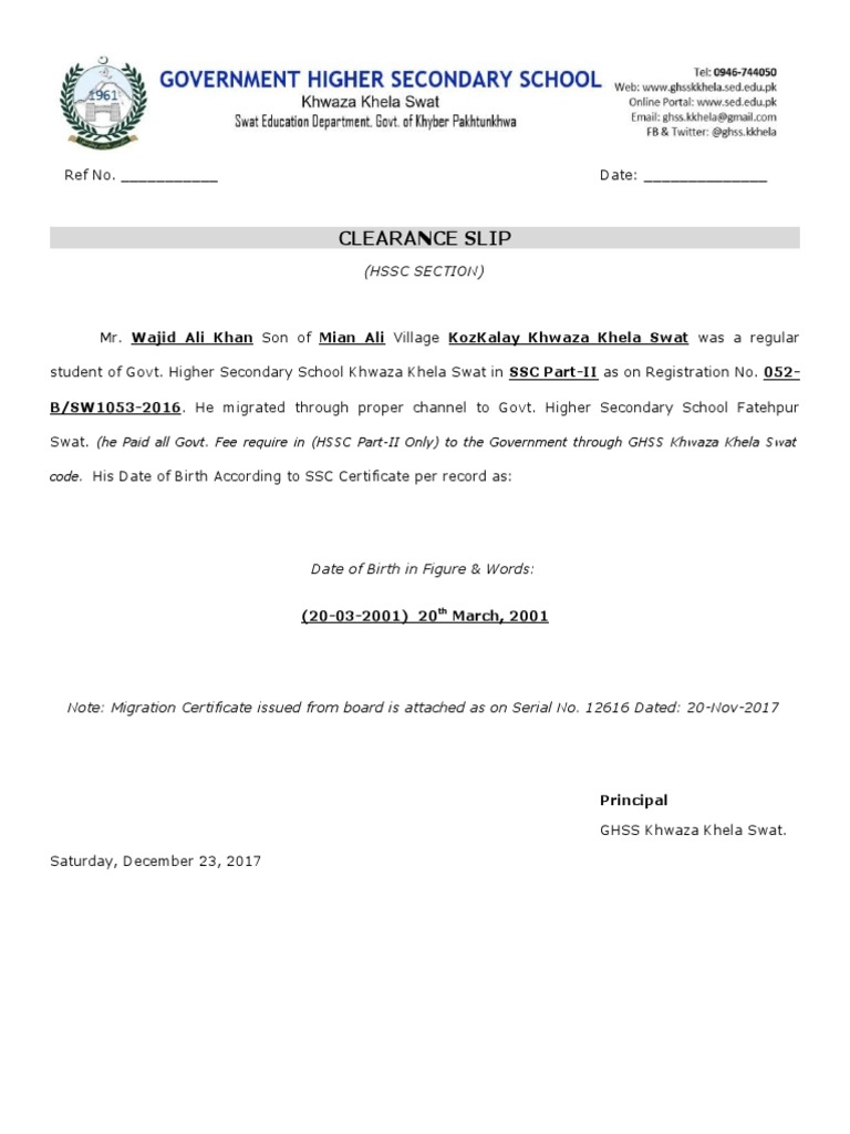 Migration Certificate Clearance Slip HSSC Wajid Ali Khan Part II | PDF