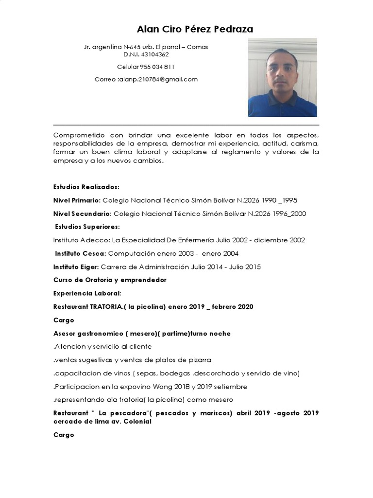 CV de Alan Ciro Pérez Pedraza | PDF | Comida y bebida