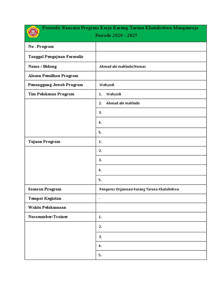 Formulir Rencana Program Kerja Karang Taruna Khatulistiwa Mangunreja ...