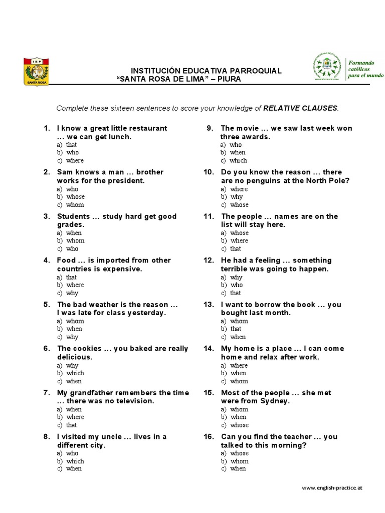 Relatives Pronoun Practice 4to | PDF
