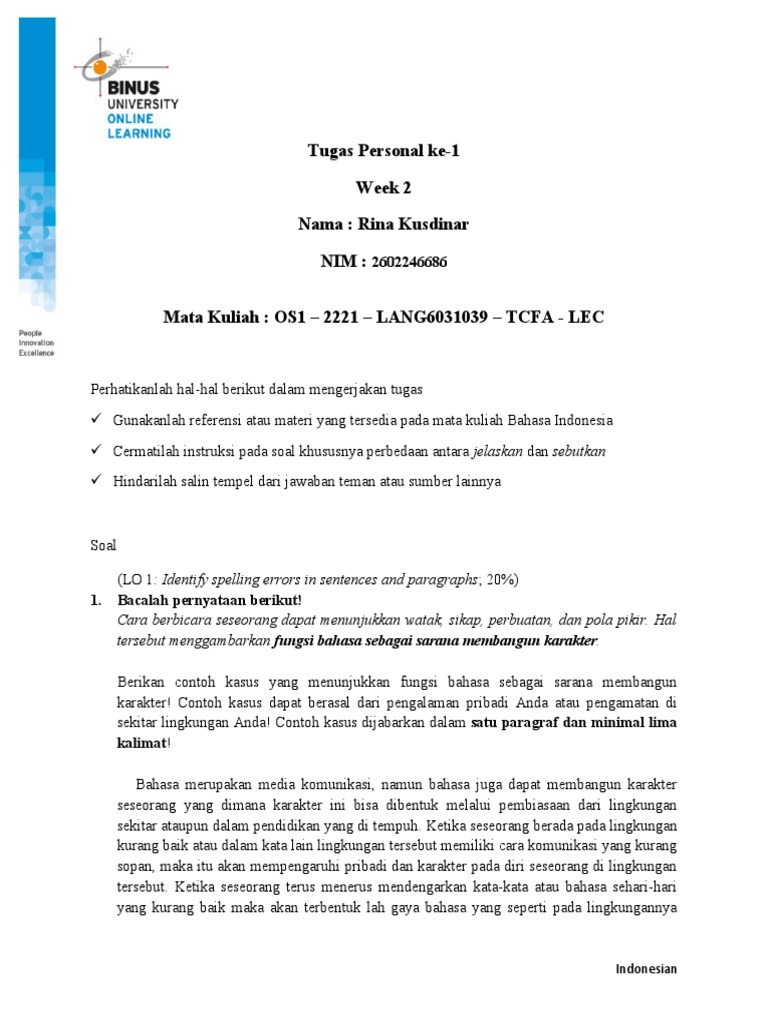 Bahasa dan Karakter: Tugas OS1 | PDF | Seni & Disiplin Bahasa