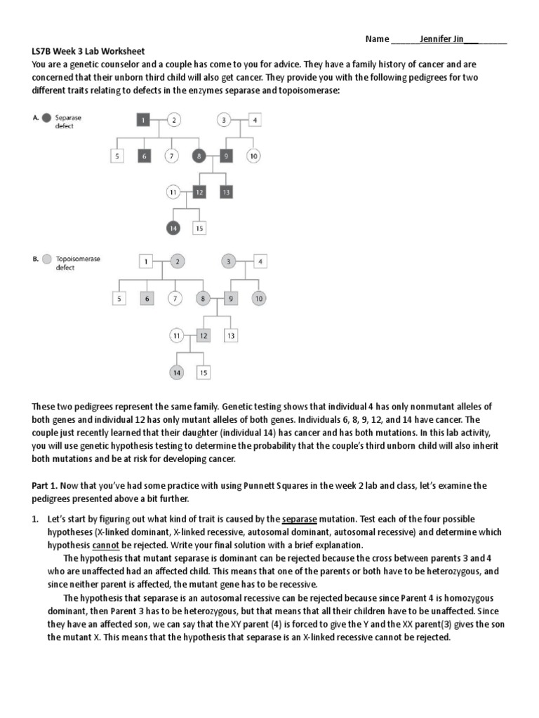 LS7B Week 3 Pedigrees Recombination Lab Worksheet Alt | PDF