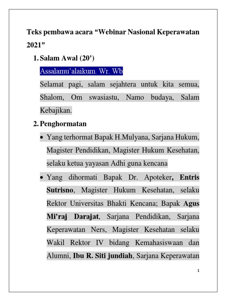 Skrip MC Webinar Keperawatan Nasional | PDF