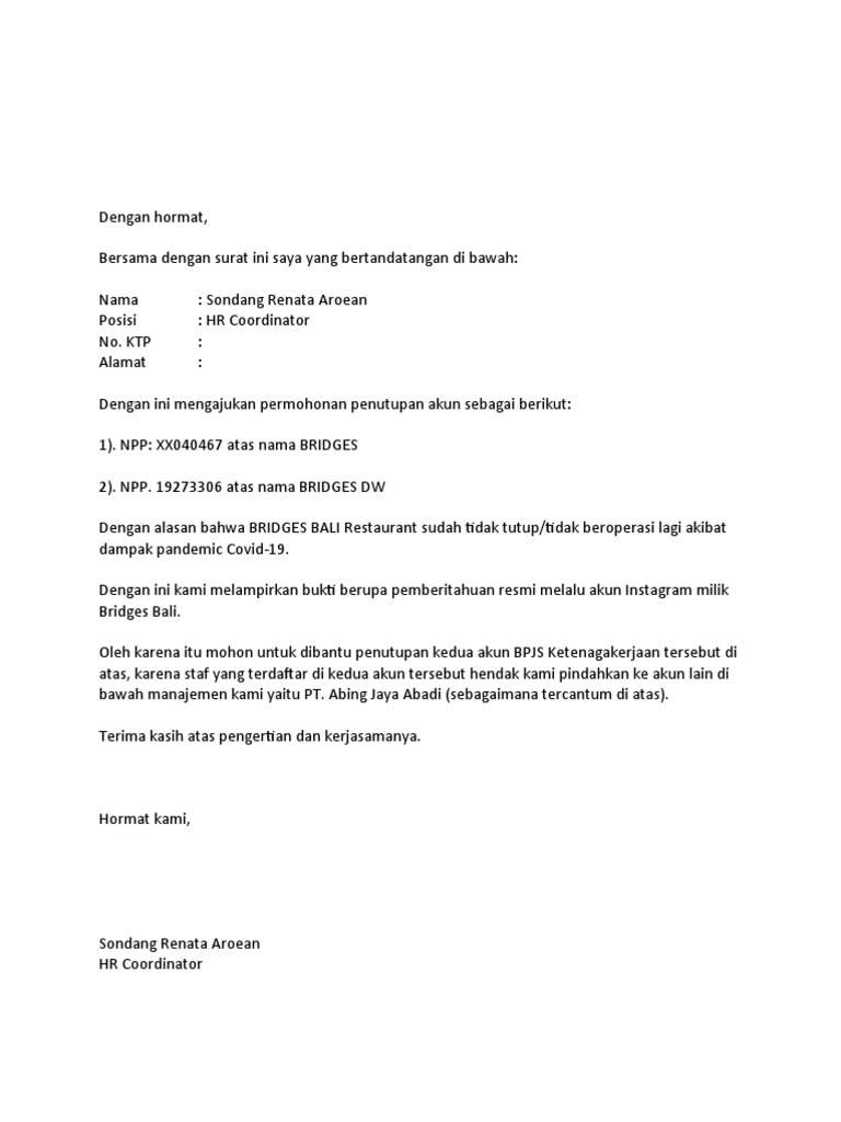 Surat Permohonan Penutupan Akun BPJS TK | PDF